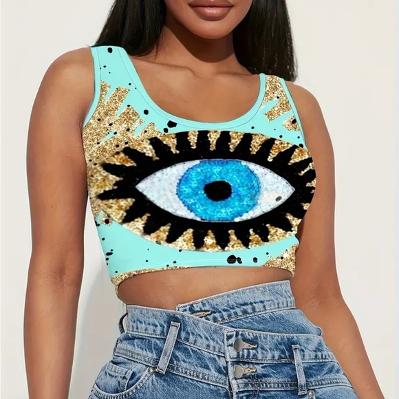 Tops | Eye Print Crop Tank Top Y2k Sleeveless Tank Top Printed Sequins ...